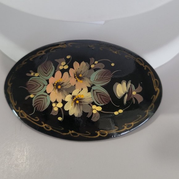 Estate Jewelry Vintage Hand Painted Lacquered Flower Brooch